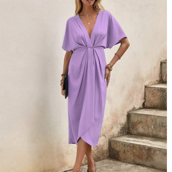 BellanBlue | Dresses | Luxe Deep V Neck Batwing Sleeve Ruched Midi Dress | Poshmark